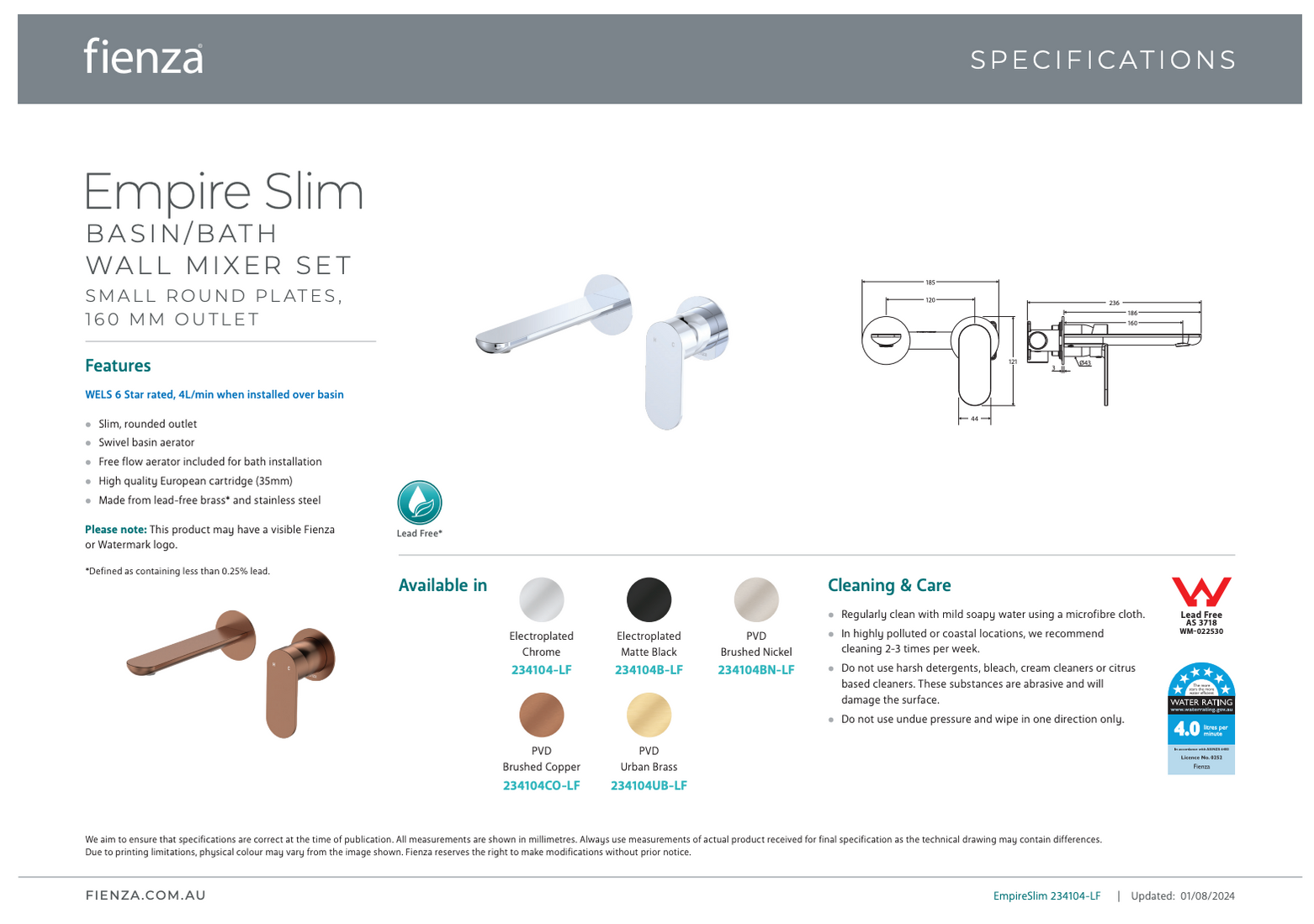 Fienza Empire Slim Wall Basin/Bath Mixer Set 160mm Brushed Copper ...