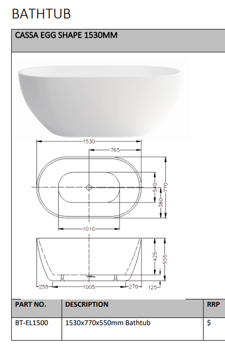 Cassa Design 1500mm Egg Shape Freestanding Bath — Designer Bathware