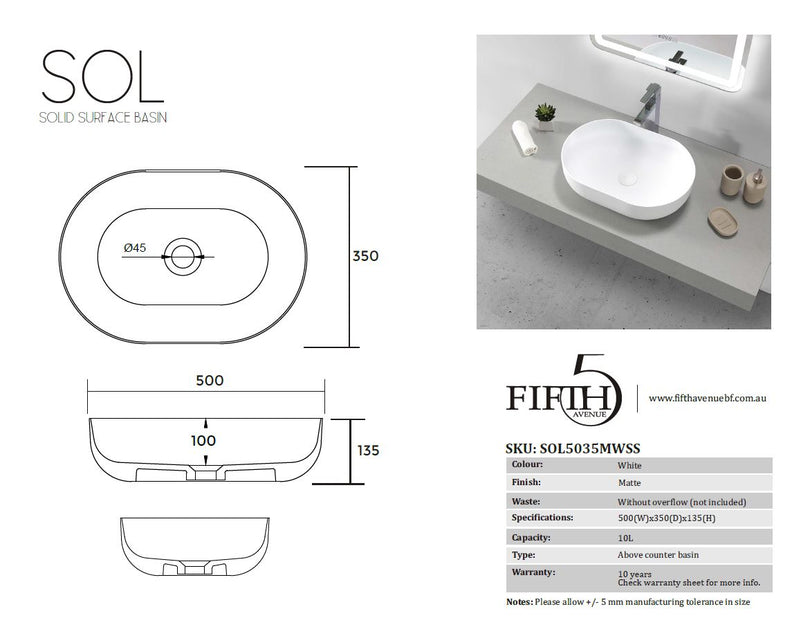 Fifth Avenue Sol Solid Surface Basin – Designer Bathware