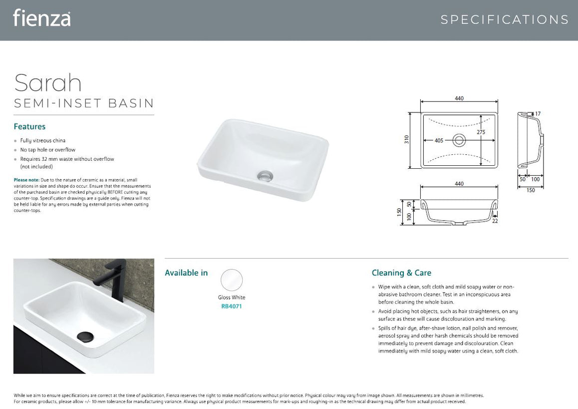 Sarah Semi-Inset Basin — Designer Bathware